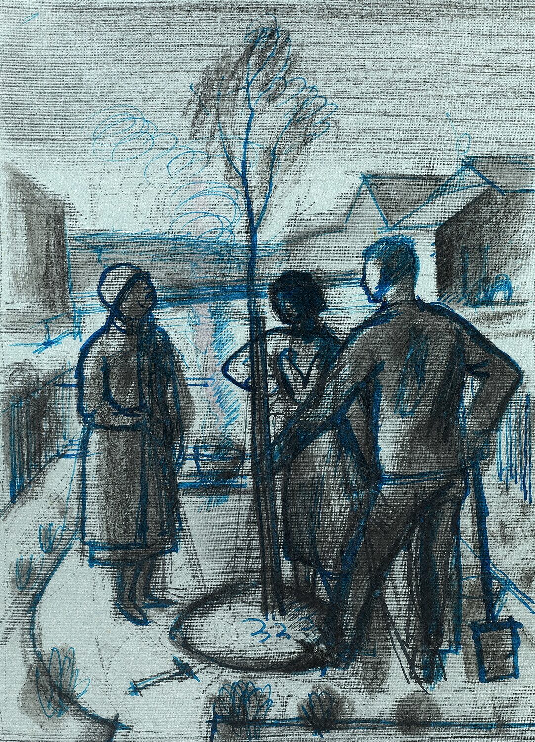 Figures planting a tree - Modern British Art Gallery