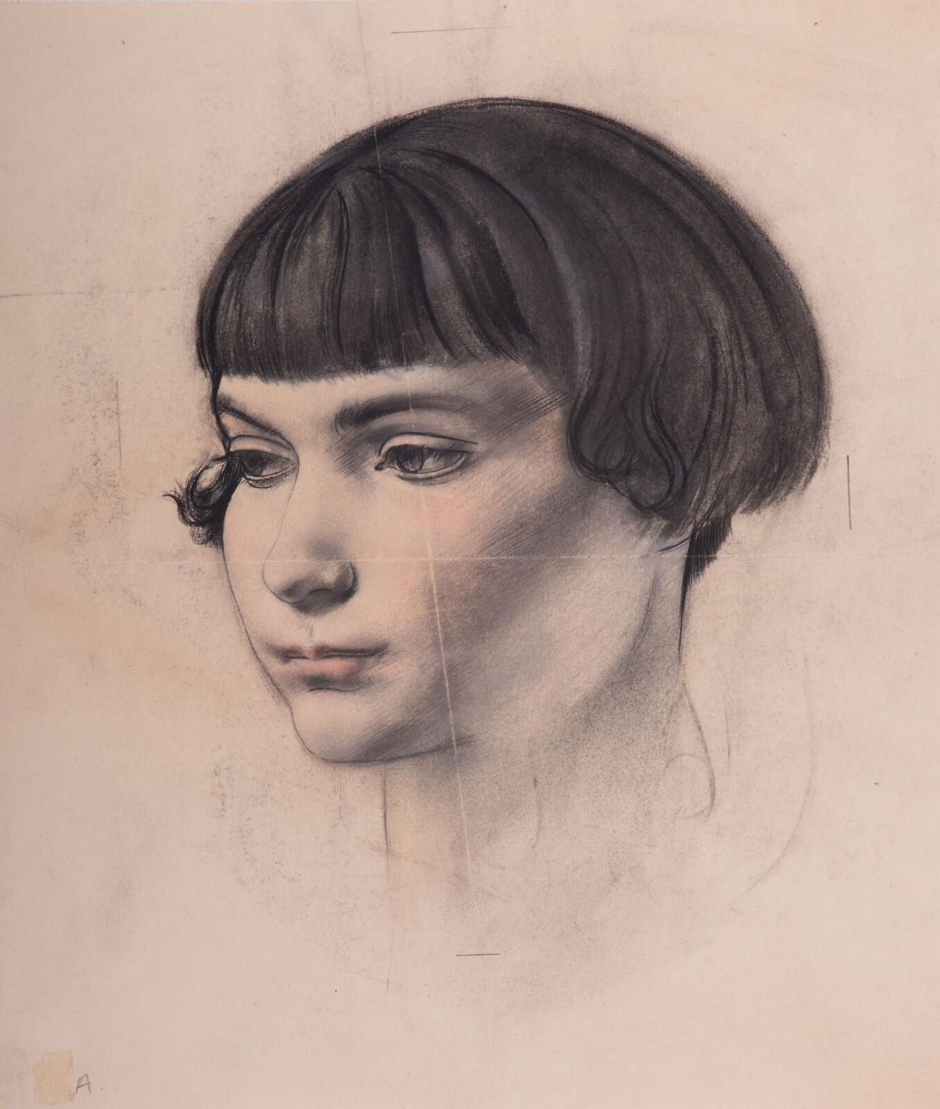 Three quarter profile portrait of a young girl with a bob looking to ...