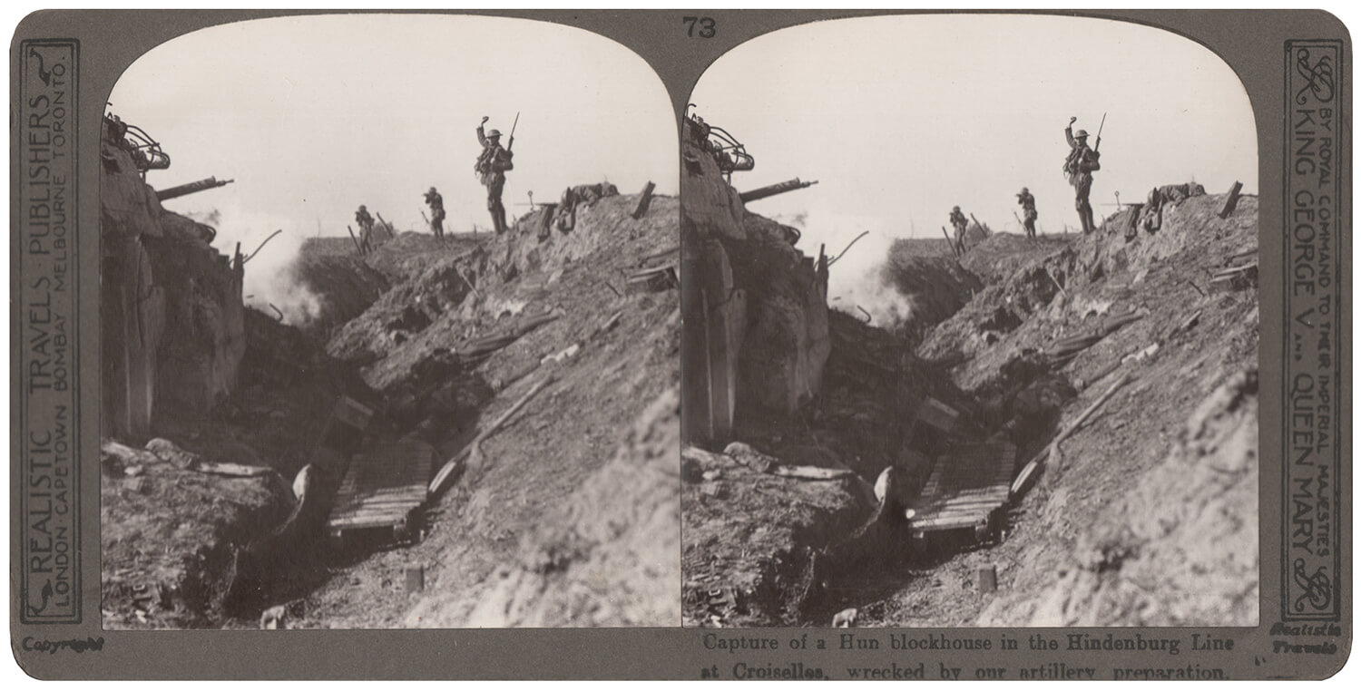 Stereoscopic print: Capture of a Hun blockhouse in the Hindenburg Line ...