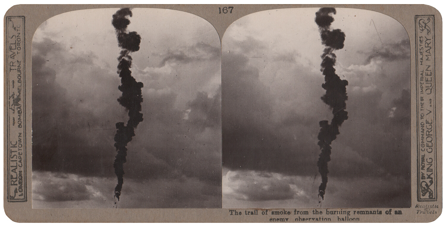 Stereoscopic print: The trail of smoke from the burning remnants of an ...