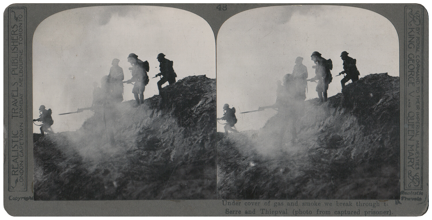 Stereoscopic print: Under cover of gas and smoke we break through to ...