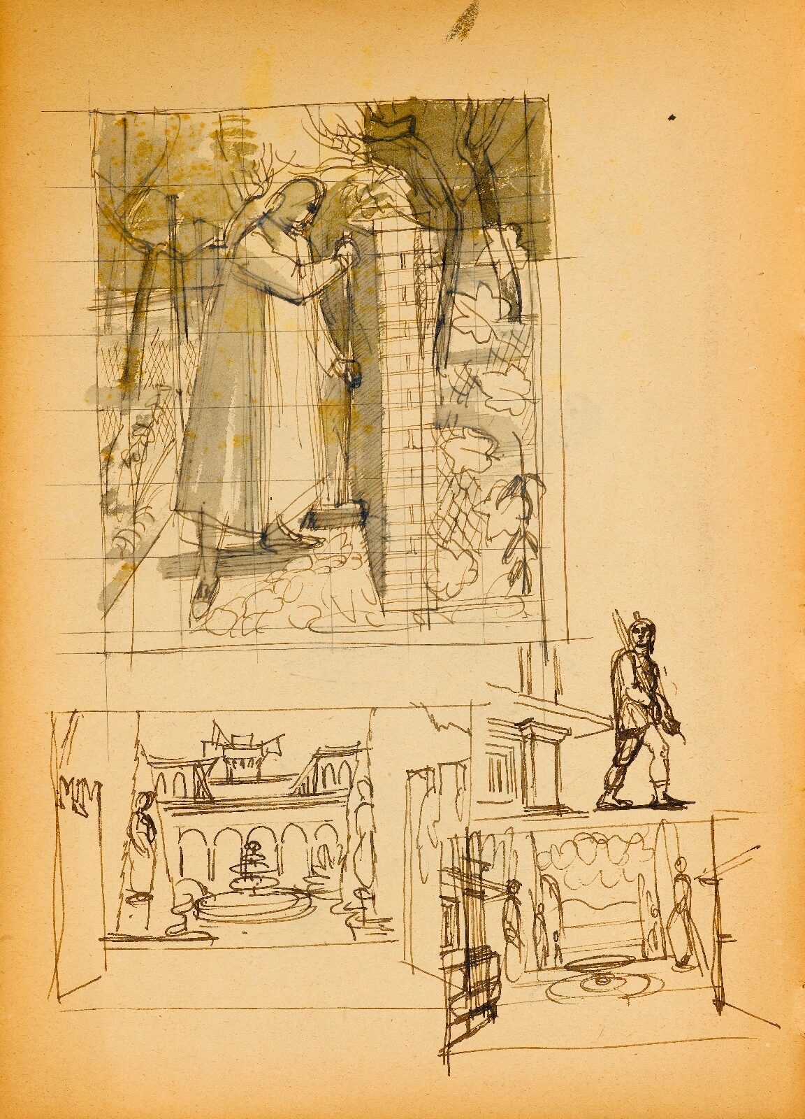 Sheet of compositional studies with woman sweeping path, mid 1930's ...