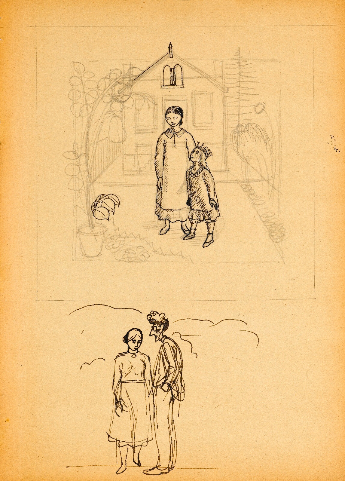 Sheet with study of a princess and caricature of Mahoney and Dunbar ...