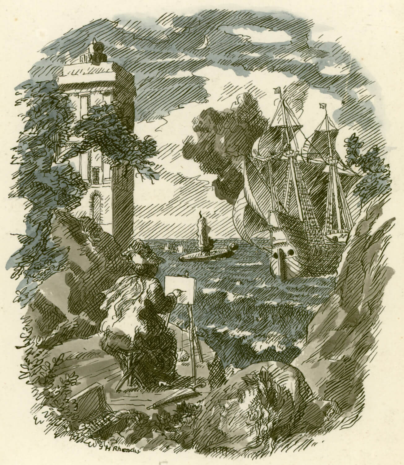 Artist sketching in a Harbour - Modern British Art Gallery