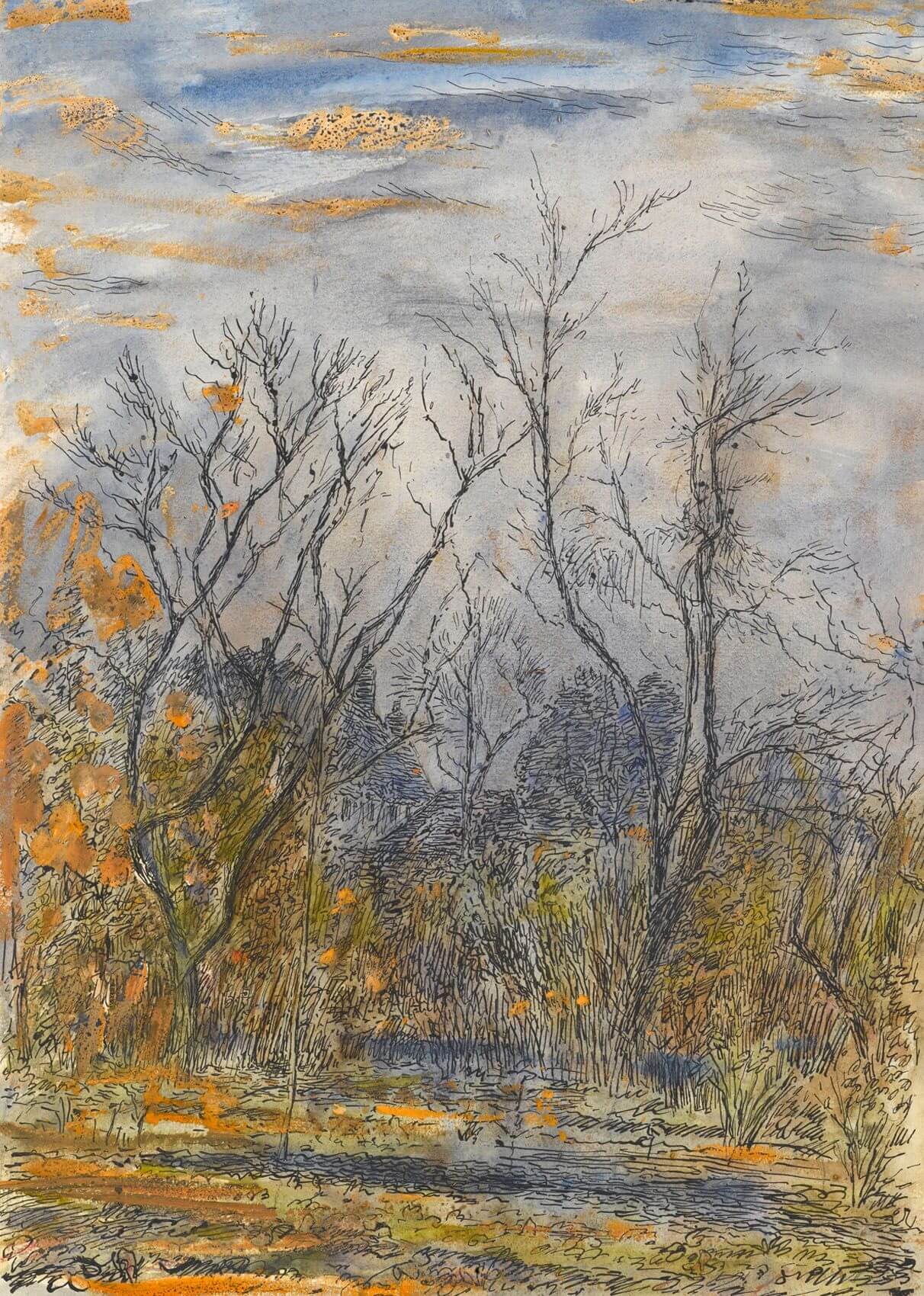 Winter woodland with cottage - Modern British Art Gallery